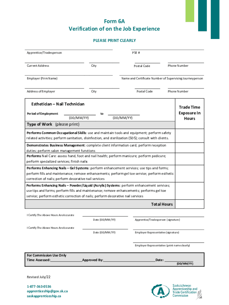 Fillable Online Form 6A Verification of on the Job Experience ...