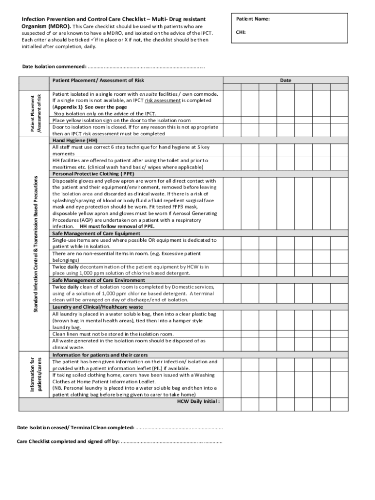 Fillable Online Infection Prevention and Control Care ChecklistMulti ...