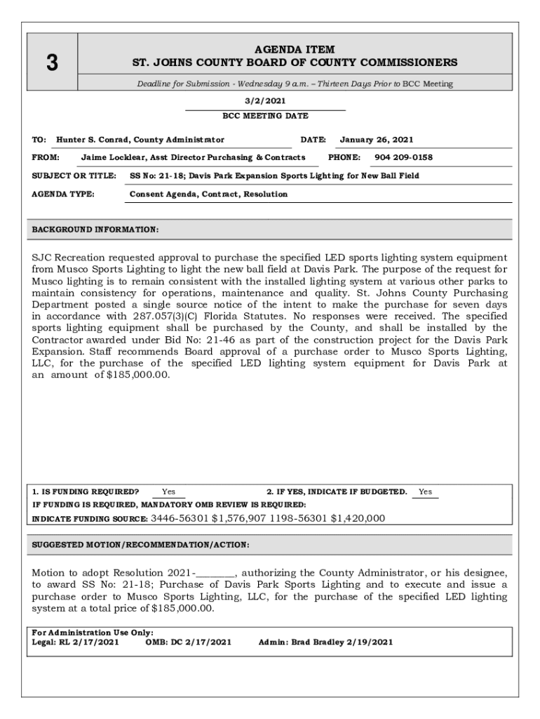 Fillable Online SS No: 21-18; Davis Park Expansion Sports Lighting for New Ball Field Fax Email ...