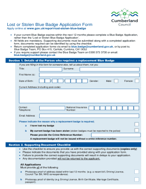 Fillable Online Lost or stolen blue badge form - Cumberland Fax Email ...
