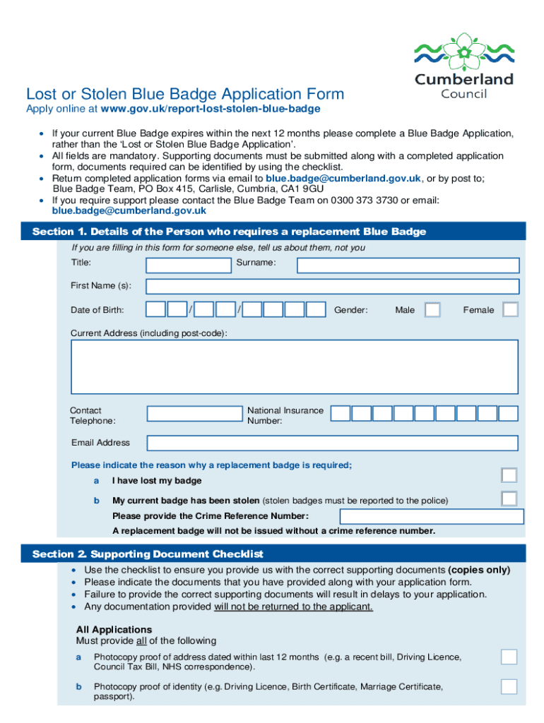Fillable Online Lost or stolen blue badge form - Cumberland Fax Email ...