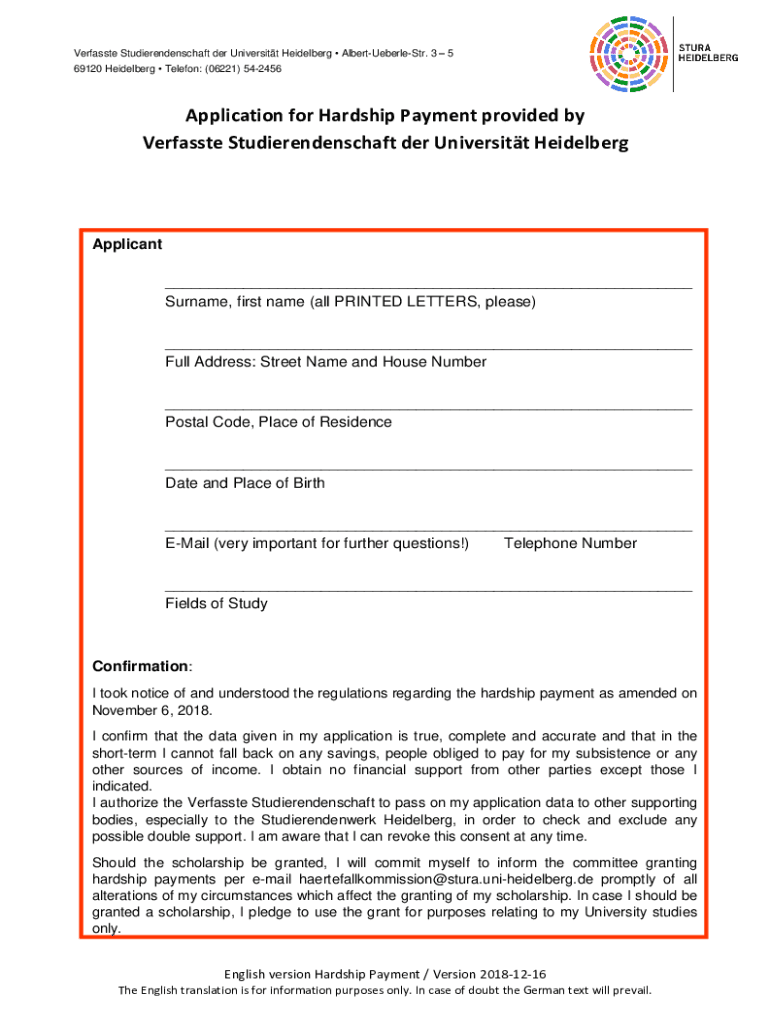 Fillable Online Application for Hardship Payment provided by Verfasste ...