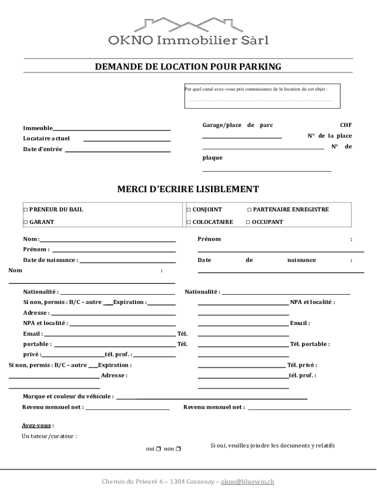Remplissable En Ligne DEMANDE DE LOCATION POUR PARKING MERCI D'ECRIRE ... Fax Email Imprimer ...