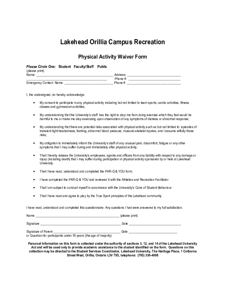 Fillable Online Physical Activity Waiver Form Fax Email Print - pdfFiller