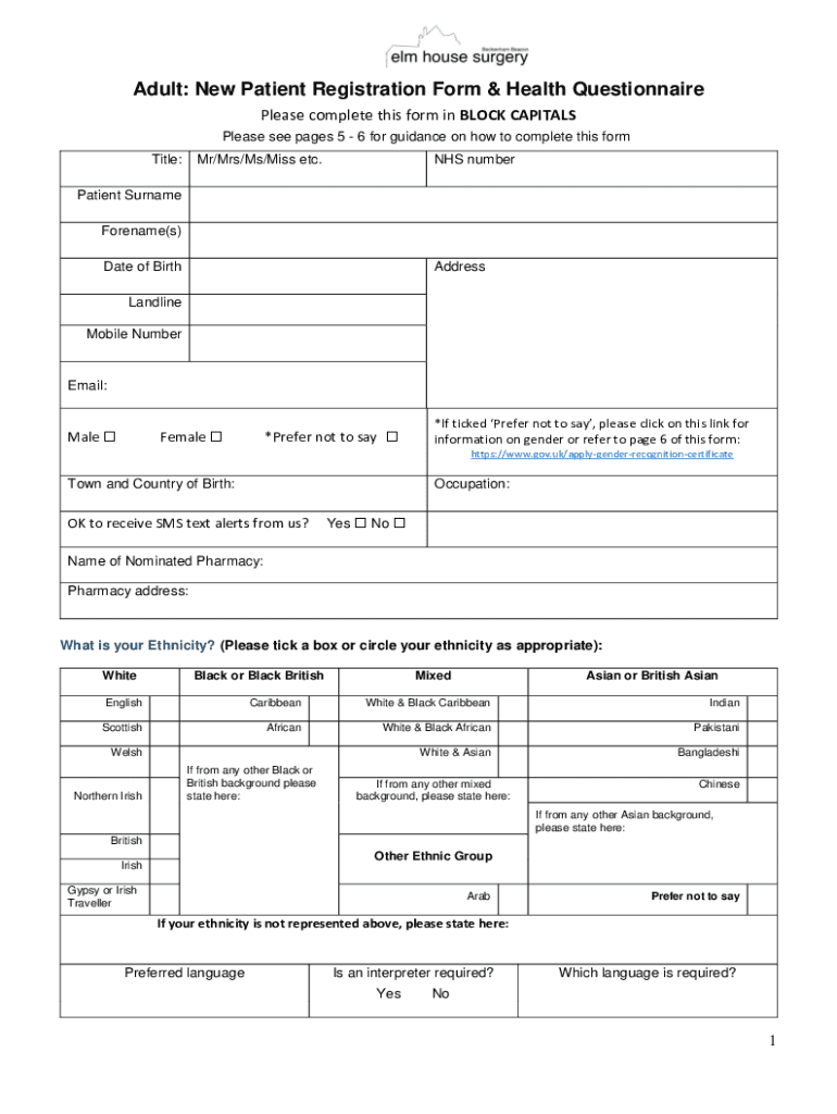 Fillable Online Adult New Patient Enrollment Form Template Fax Email ...