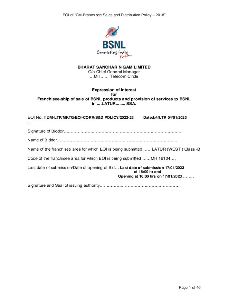 Fillable Online expression of interest for leasing out of built up space in bsnl ... Fax Email ...