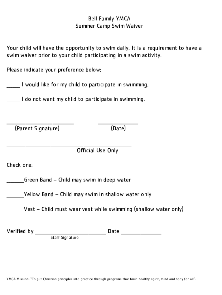 Fillable Online Bell Family YMCA Summer Camp Swim Waiver Fax Email ...