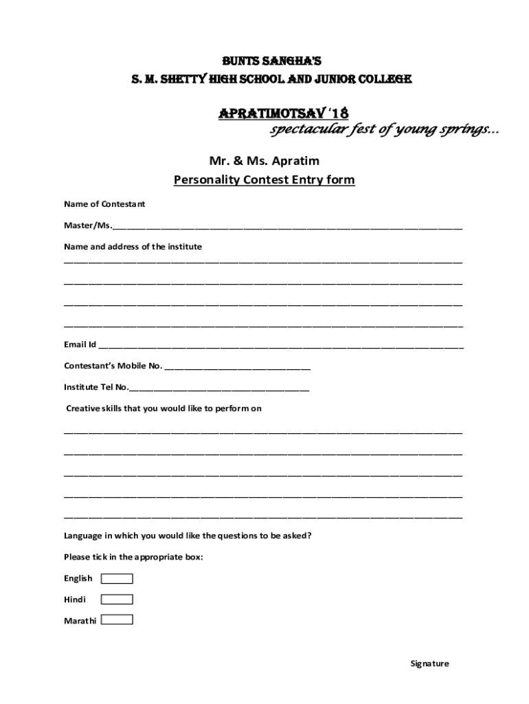 Fillable Online Bunts Sangha's S M Shetty International School and ...