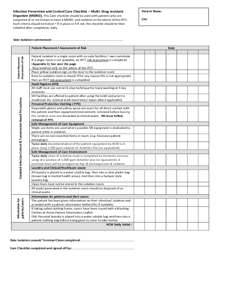 Fillable Online Infection Prevention and Control Care Checklist Multi ...