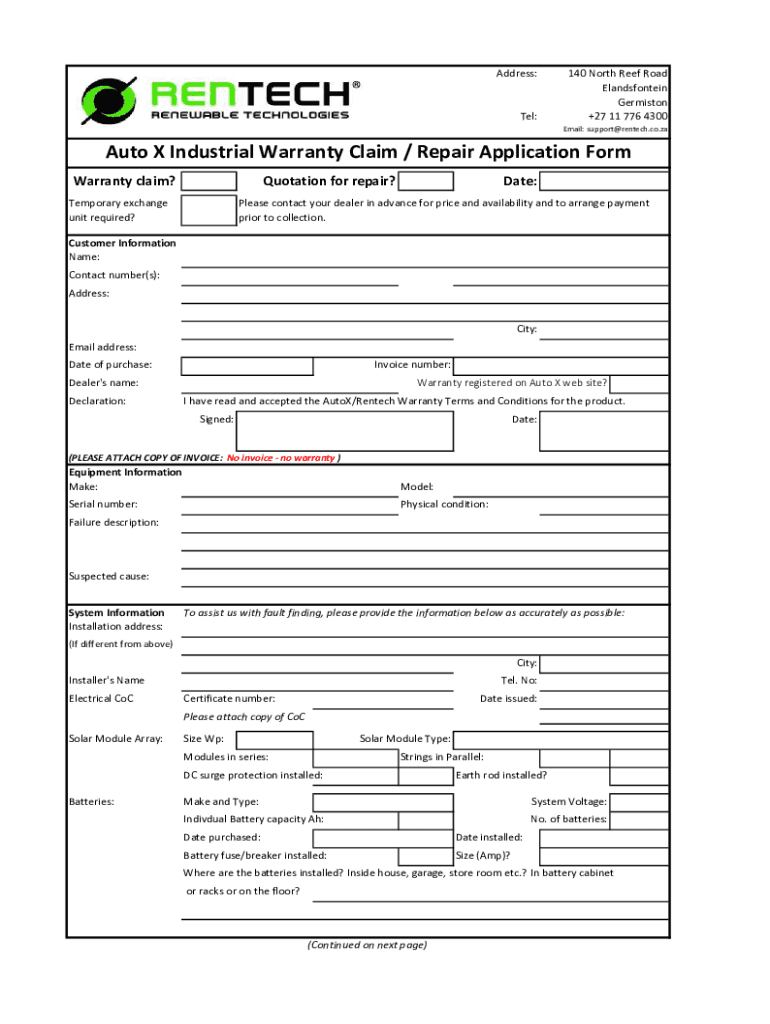 Fillable Online Auto X Industrial Warranty Claim / Repair Application ...
