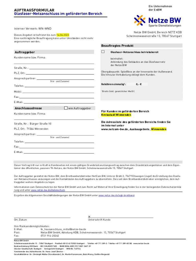 Ausfüllbar Online AUFTRAGSFORMULAR Glasfaser-Netzanschluss im ... Fax ...