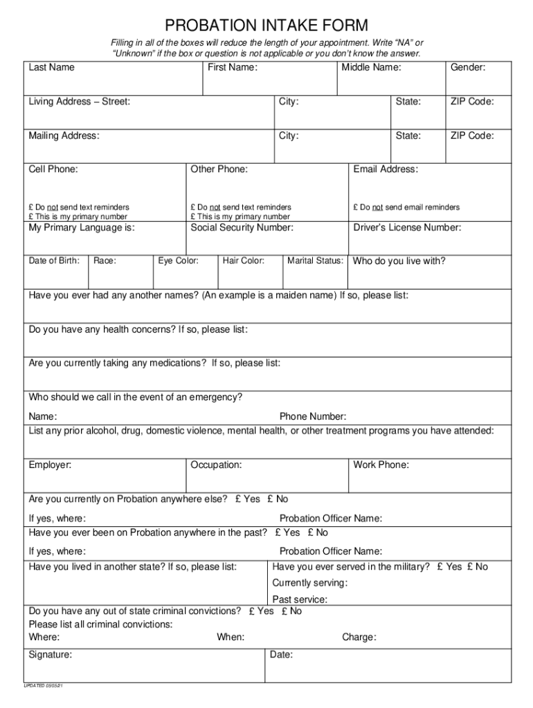 Fillable Online Probation Intake Form FAQ Fax Email Print - pdfFiller