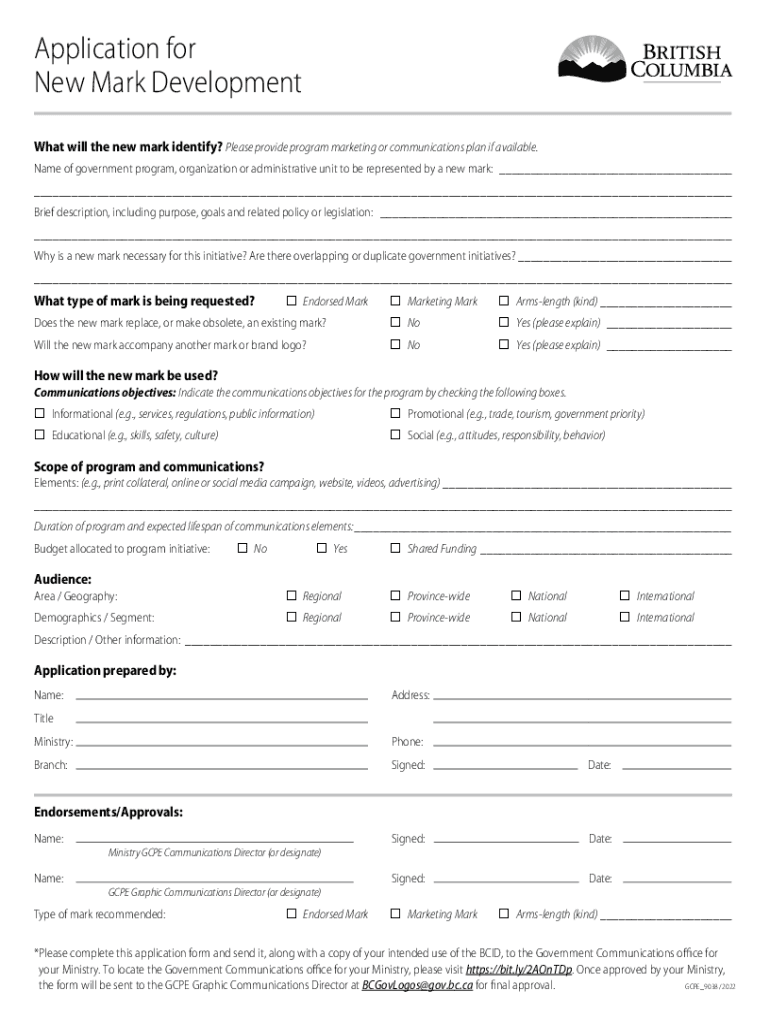 Fillable Online Application for New Mark development. The parent BC ...