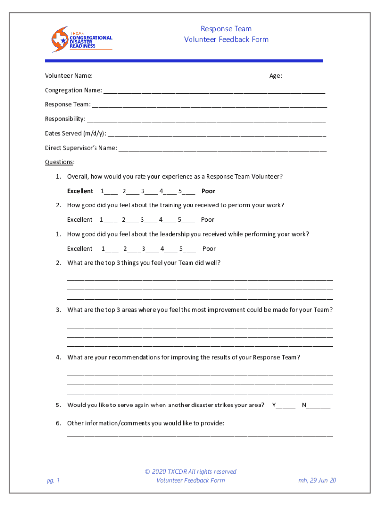 Fillable Online Response Team Volunteer Feedback Form Fax Email Print ...