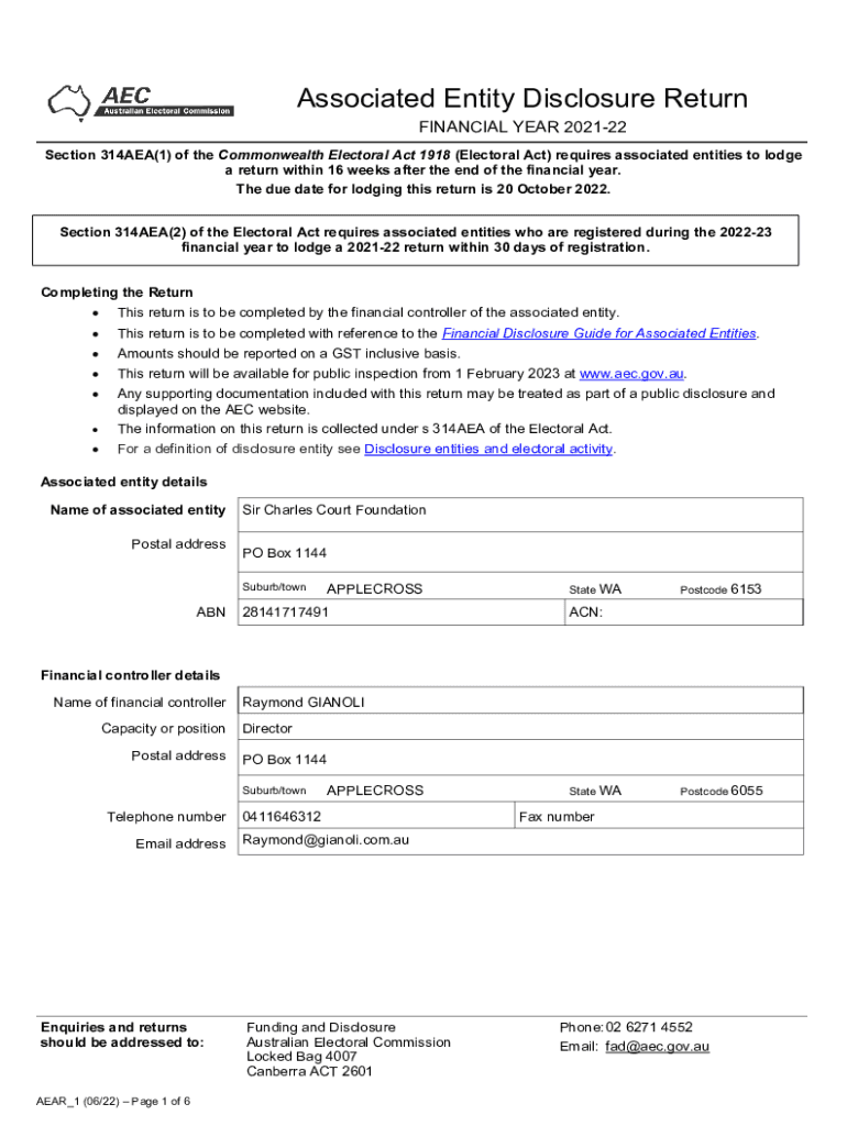 Fillable Online Associated Entity Return for 2021-22. Lodged Disclosure Return for Financial ...