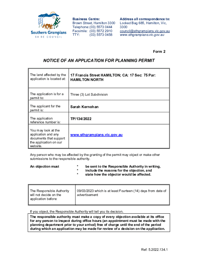 Fillable Online TP 134 2022 (5 2022 134 1) - Form 2 Notification of Application - 17 Francis ...