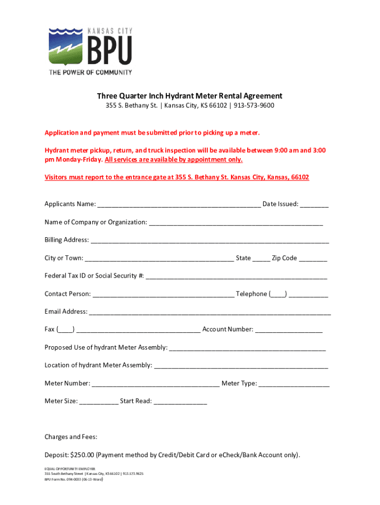 Fillable Online Three Quarter Inch Hydrant Meter Rental Agreement Fax ...