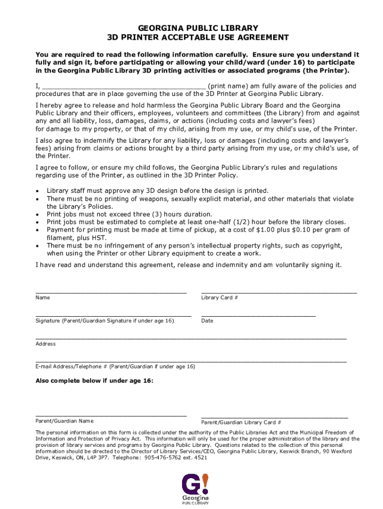 Fillable Online 3D Printer Acceptable Use Agreement Fax Email Print - pdfFiller