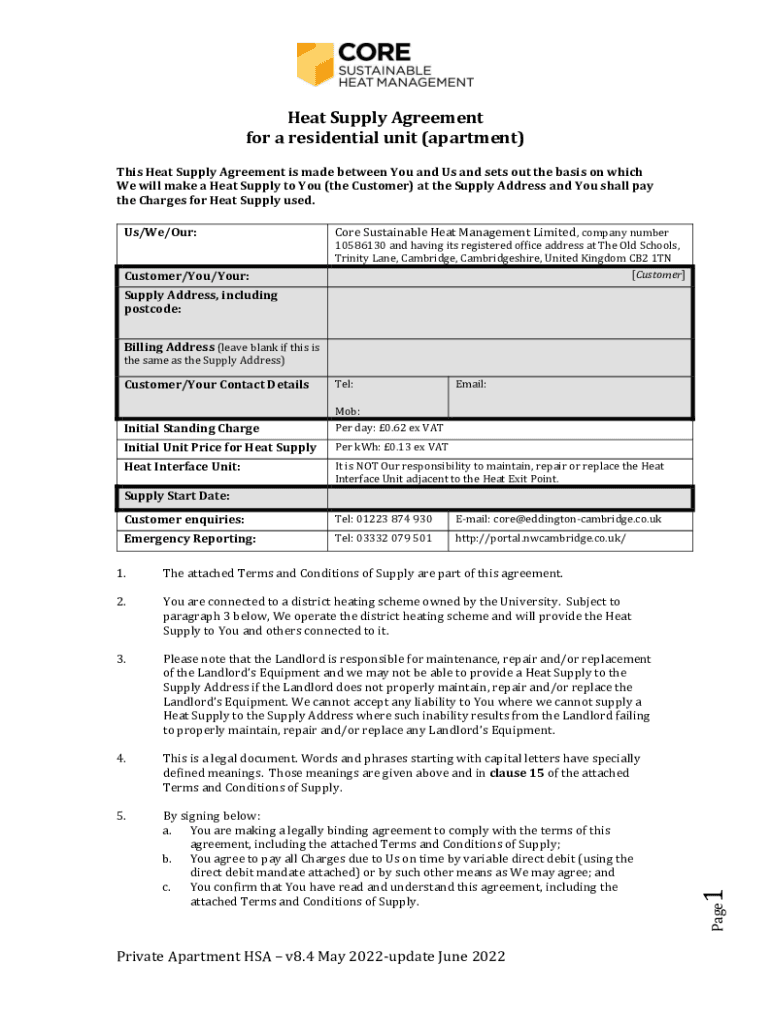 Fillable Online Heat Supply Agreement for a residential unit (apartment ...
