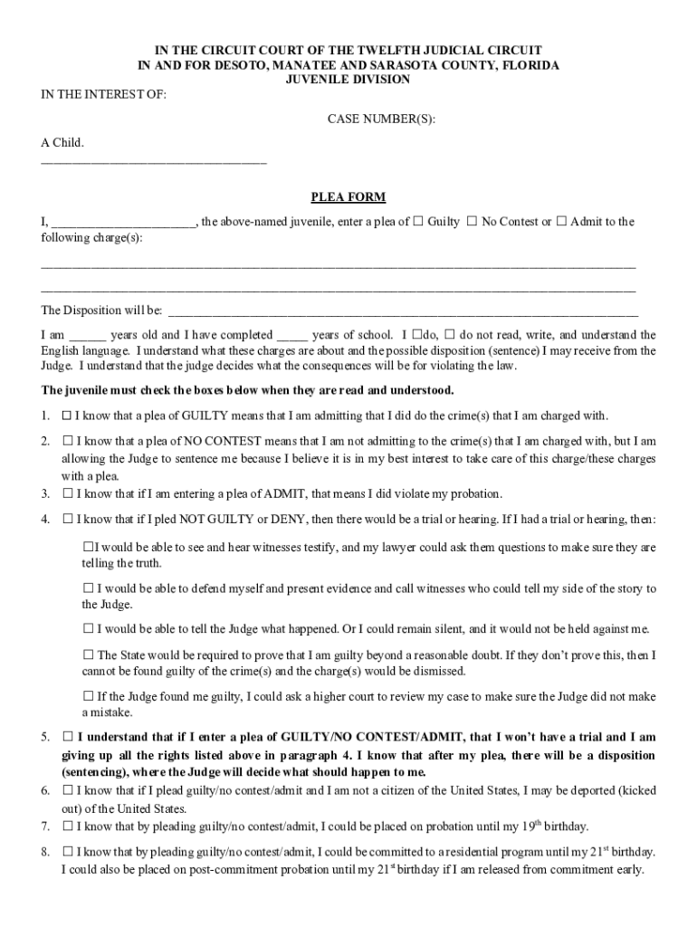 Fillable Online Circuit Juvenile Division - Juvenile Delinquency Plea ...