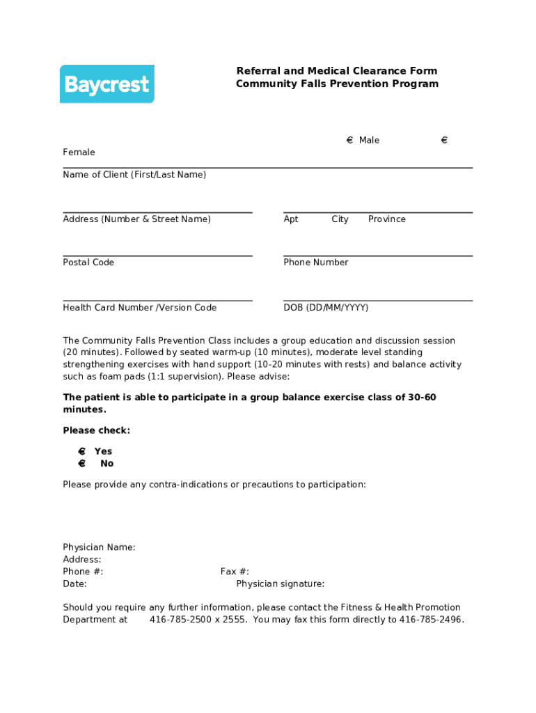 Referral and Medical Clearance Community Falls ... Doc Template | pdfFiller