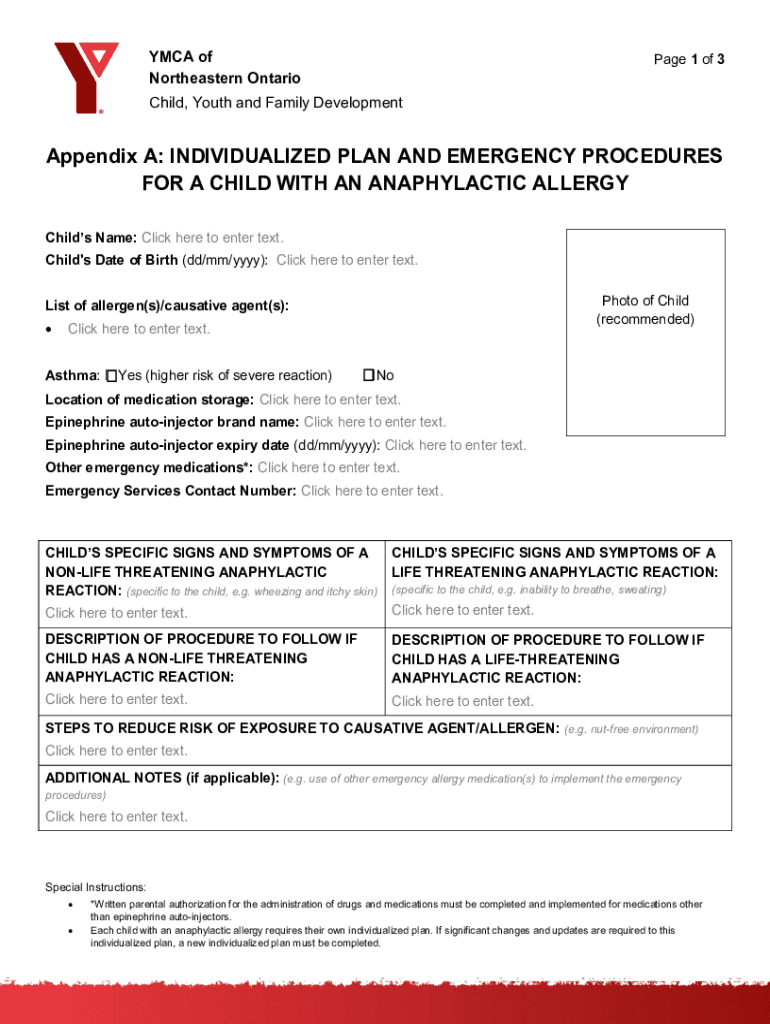 Fillable Online Individual Anaphylactic Plan Form (PDF) Fax Email Print ...