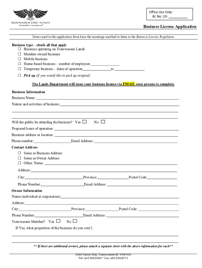 Fillable Online Office Use Only: BL #: BL100 - Business Licence ...