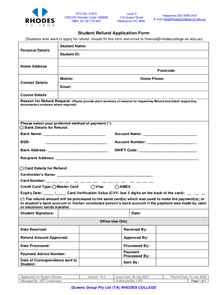 Fillable Online Student Refund Application FormRhodes College Fax Email ...