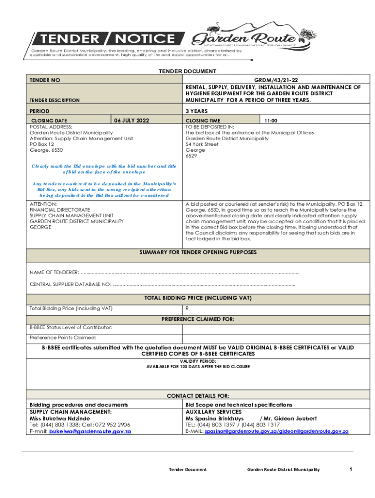 Fillable Online GRDM4321-22 Rental,supply,delivery installation & maintenance of hygiene ...