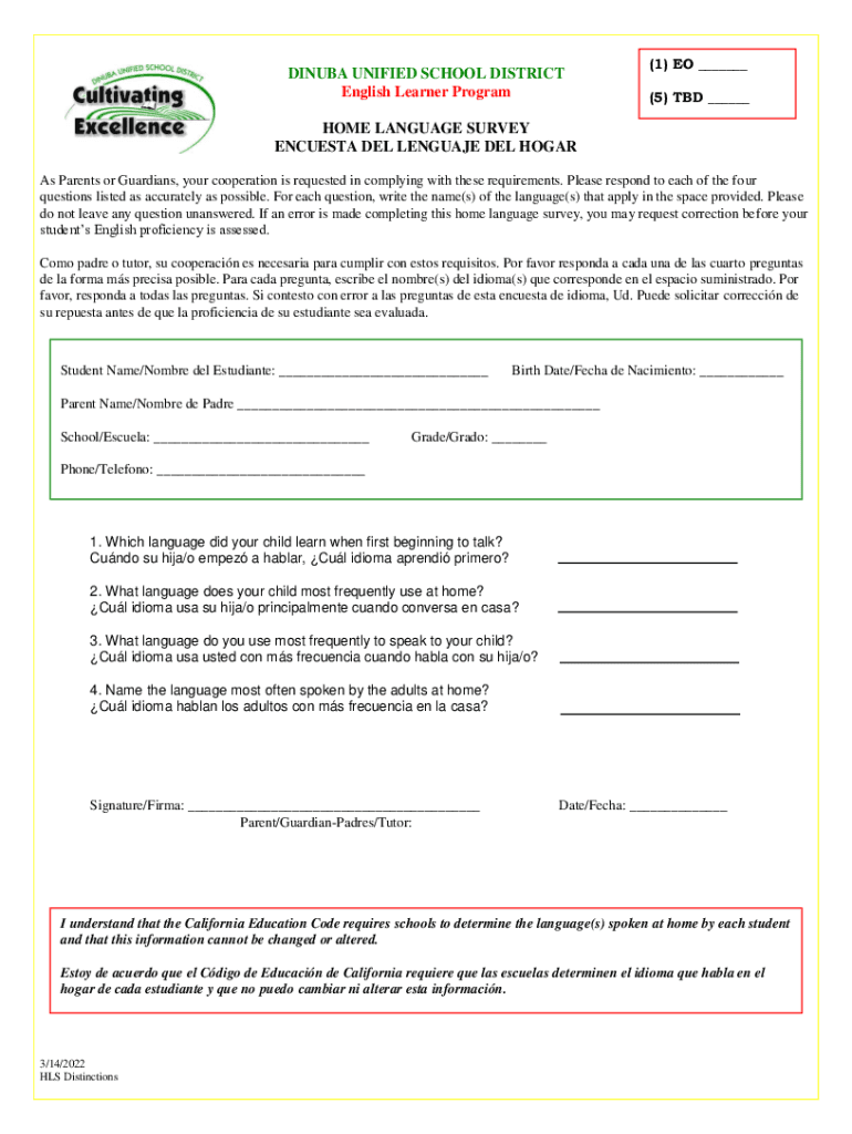 Completable En línea Home Language Survey Form - English Learner (CA ...