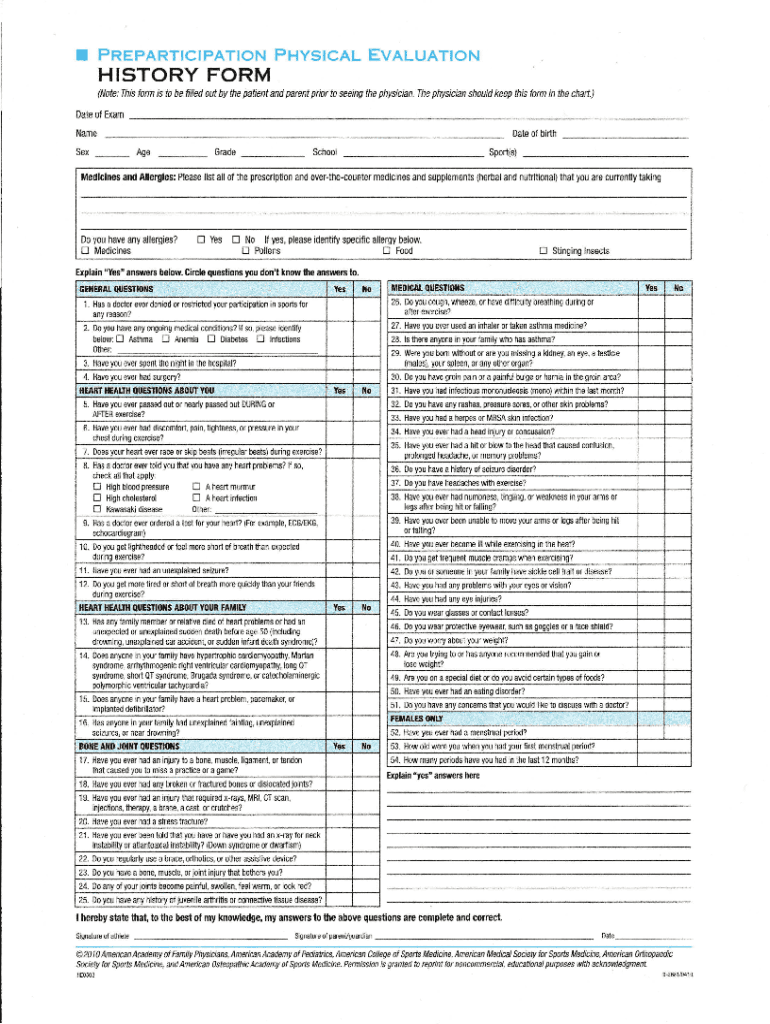 Fillable Online Preparticipation Physical Evaluation - HISTORY FORM Fax ...
