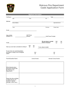 Fillable Online Watrous Fire Department Cadet Application Form Fax ...