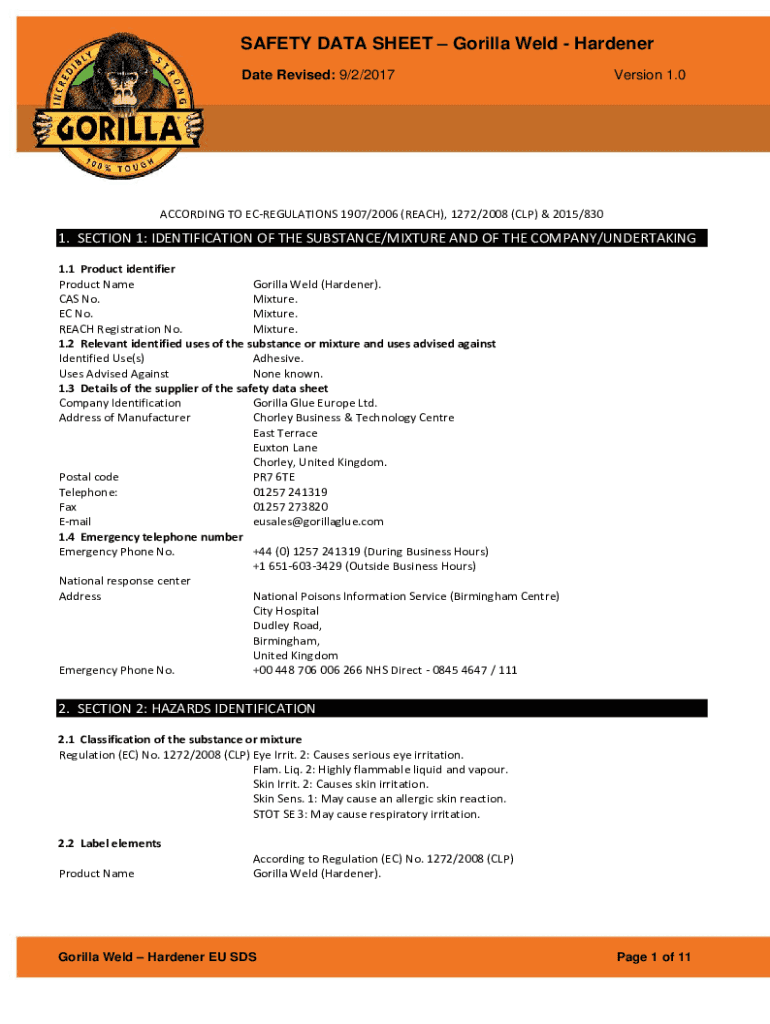 Fillable Online SAFETY DATA SHEET Gorilla Weld - Hardener Fax Email Print - pdfFiller