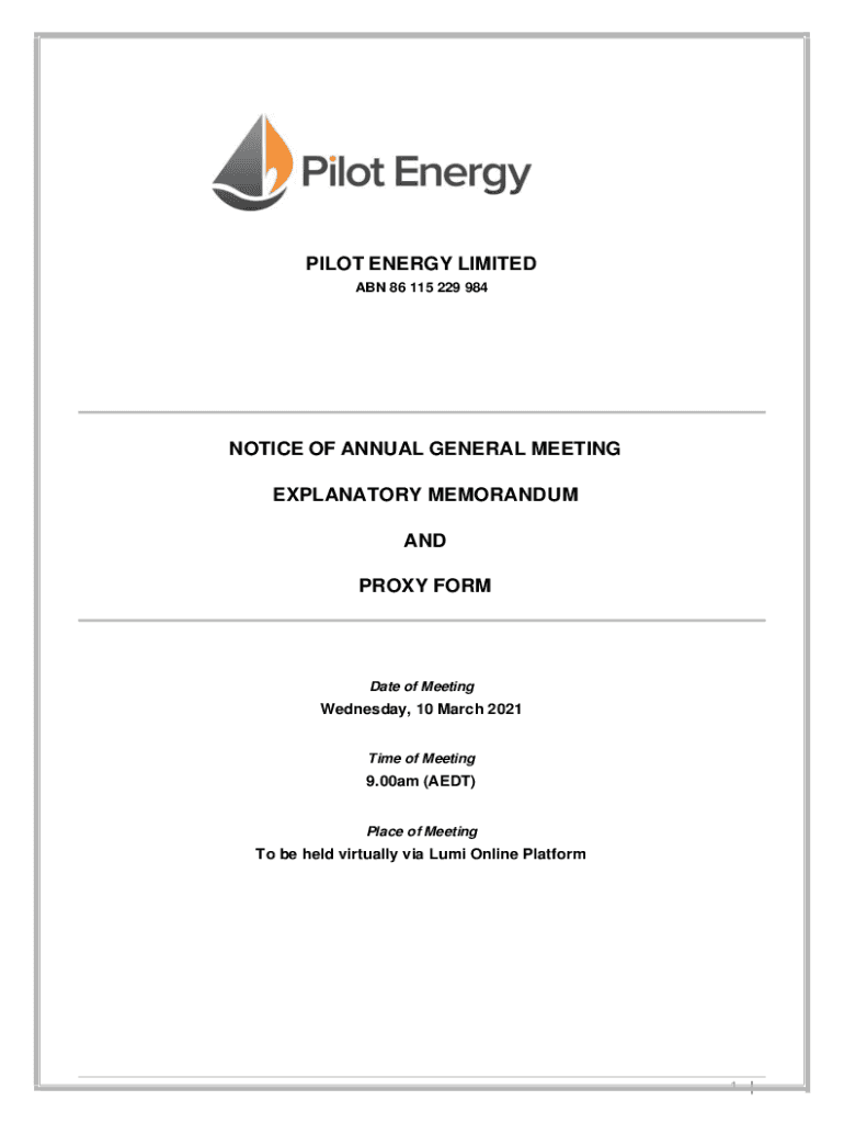 Fillable Online Pilot Energy : Notice of Annual General Meeting/Proxy Form Fax Email Print ...