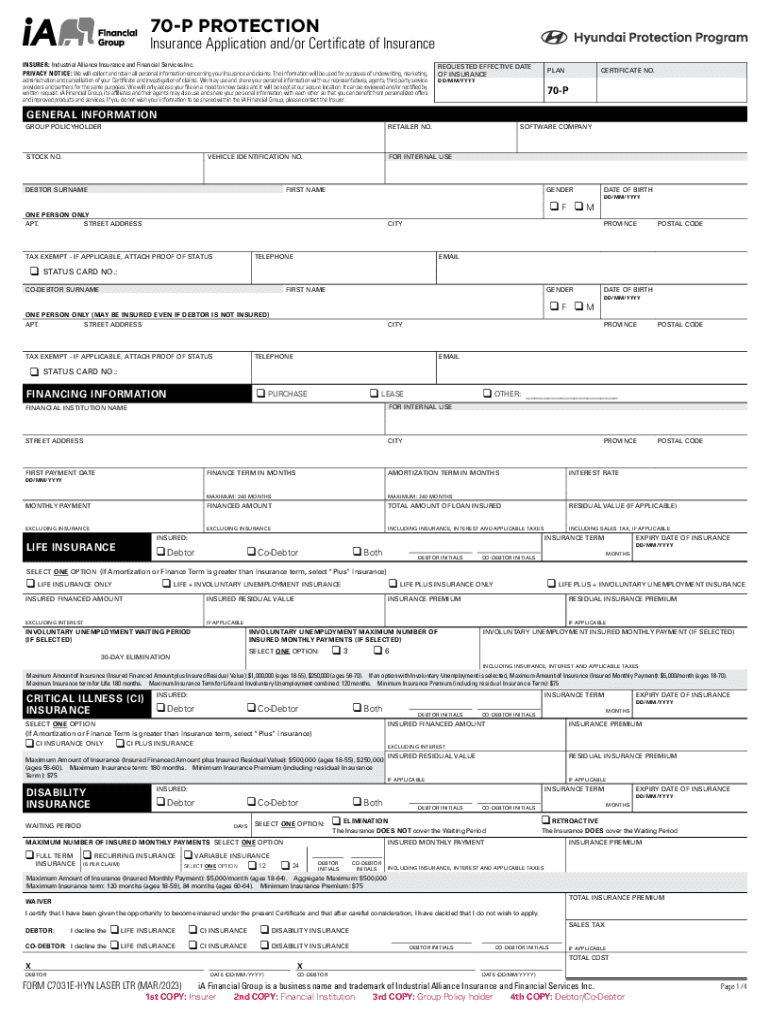 Fillable Online Creditor Insurance Certificate - Hyundai 70-P ...