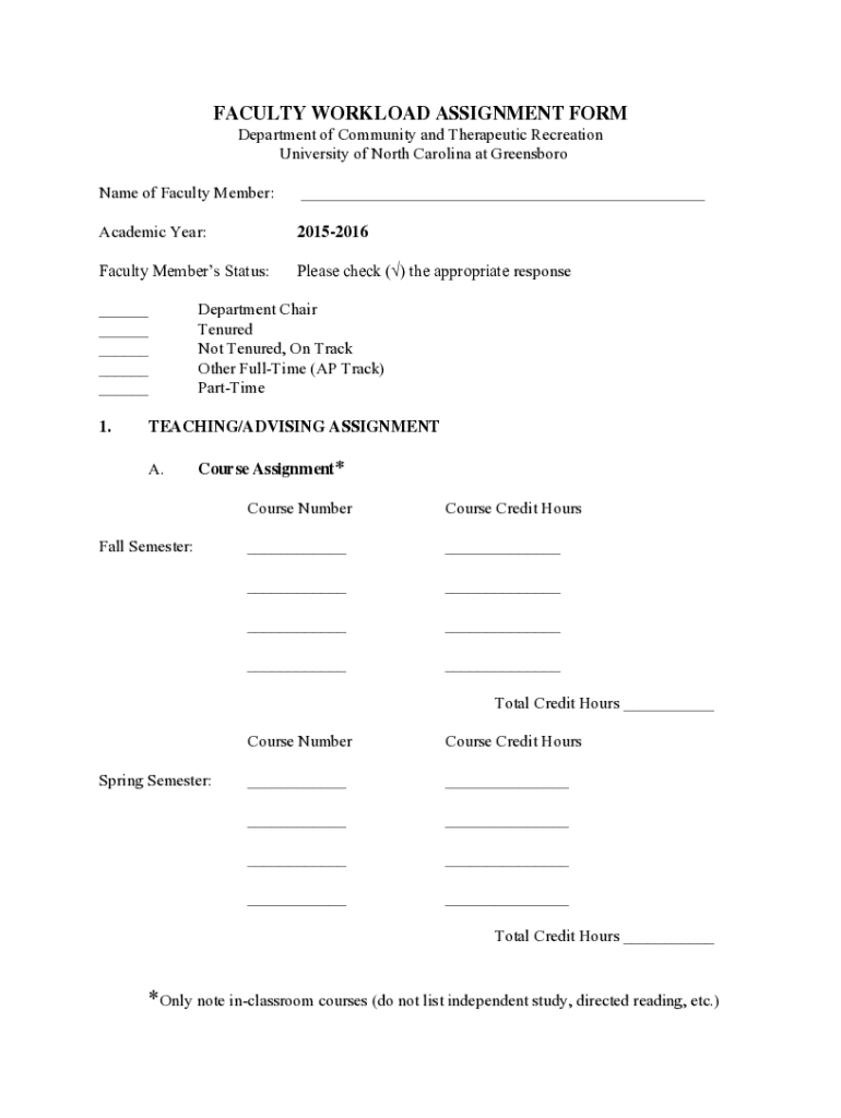 Fillable Online hhs uncg FACULTY WORKLOAD ASSIGNMENT FORM Fax Email ...