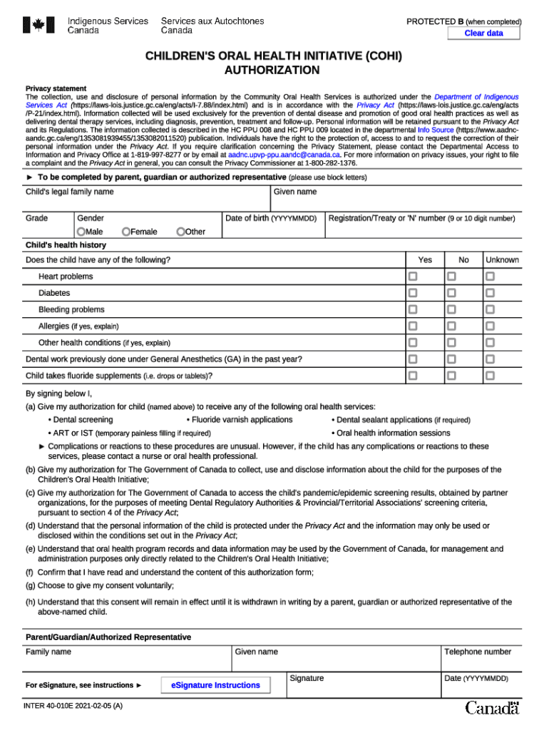 Fillable Online CHILDREN'S ORAL HEALTH INITIATIVE (COHI)AUTHORIZATION ...