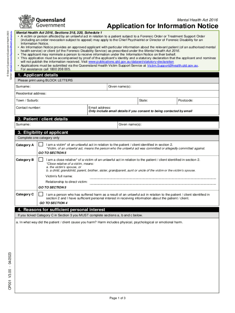 Fillable Online Application for Information NoticeQueensland Health ...