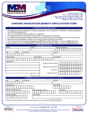 Fillable Online Chronic Medication Benefit Application Form Fax Email ...