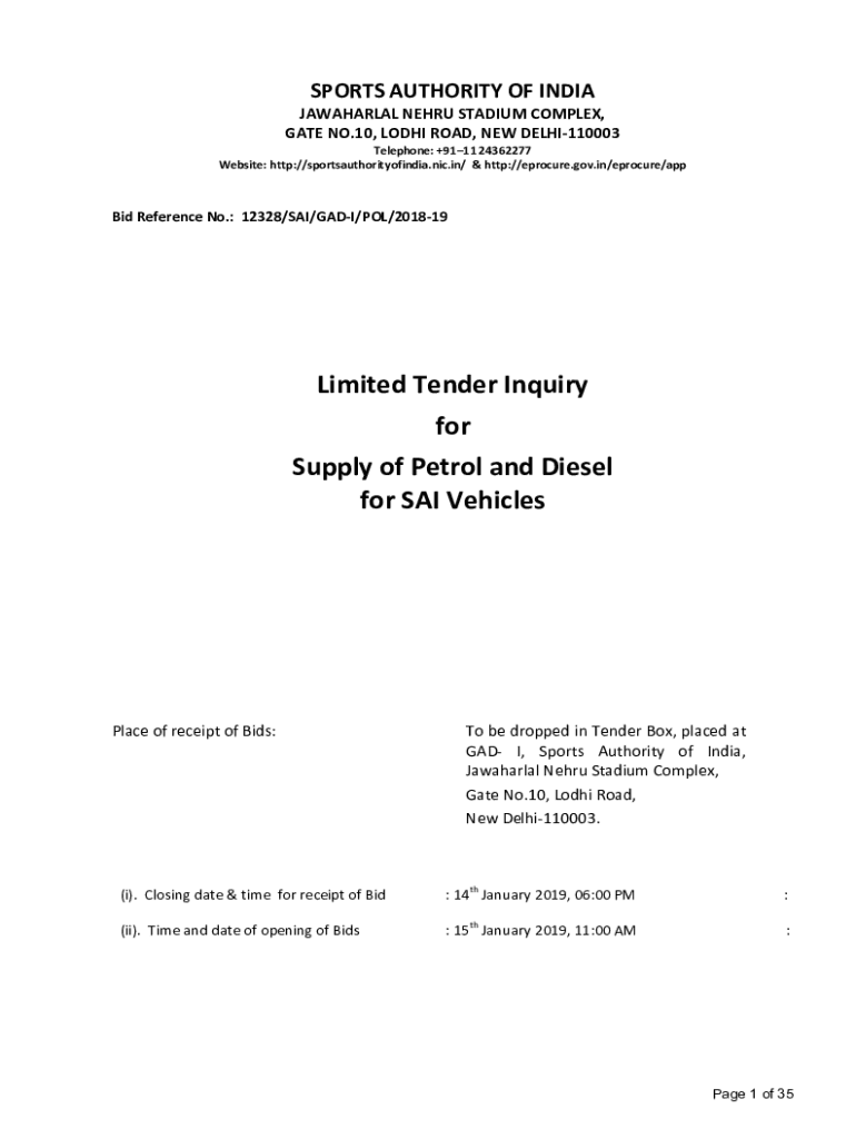Fillable Online Limited Tender Inquiry for Supply of Petrol and Diesel ...