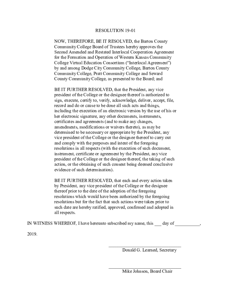 Fillable Online 19--01- Resolution Approving Interlocal Agreement Fax ...