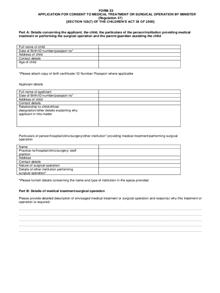 Fillable Online Form 33 Application for consent to medical treatment or ...