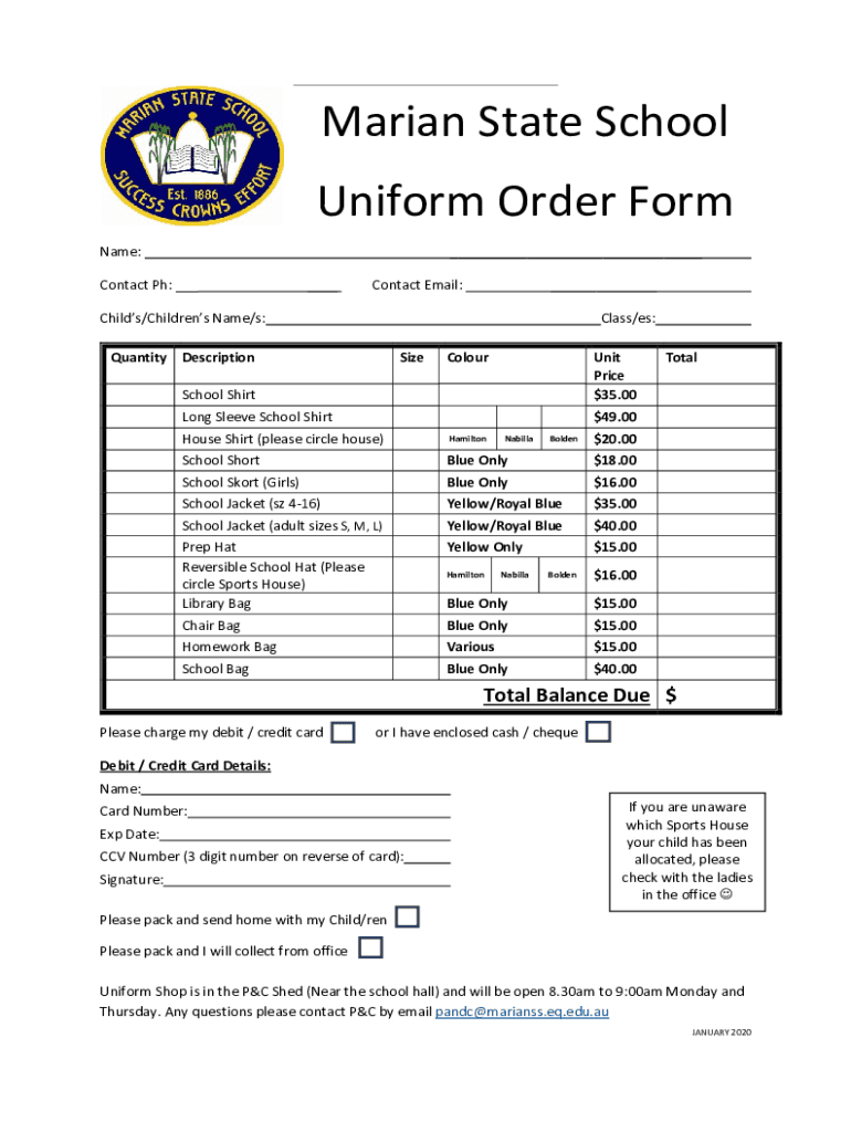 Fillable Online marianss eq edu 2020 Form Marian SS Uniform Order Form ...