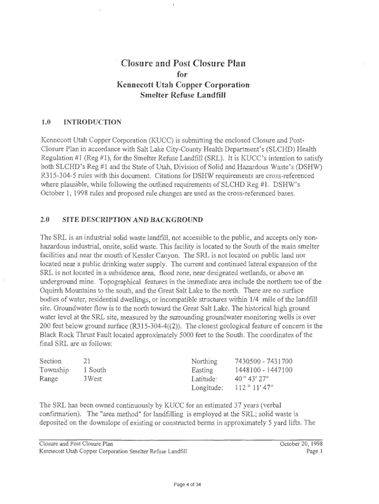 Fillable Online Closure and Post Closure Plan for Kennecott Utah Copper ...