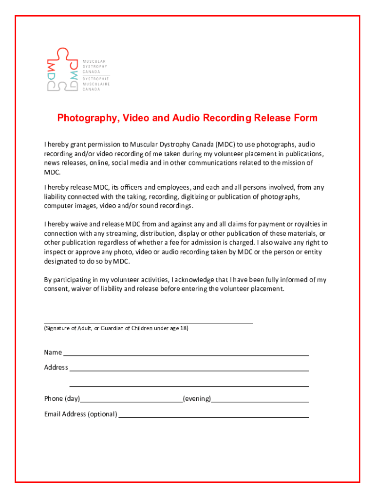 Fillable Online Photography, Video and Audio Recording Release Form Fax ...