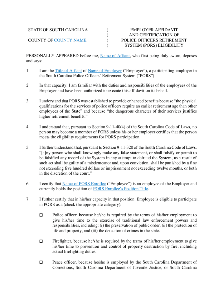 Fillable Online Police Officers Retirement SystemS.C. PEBA Fax Email ...