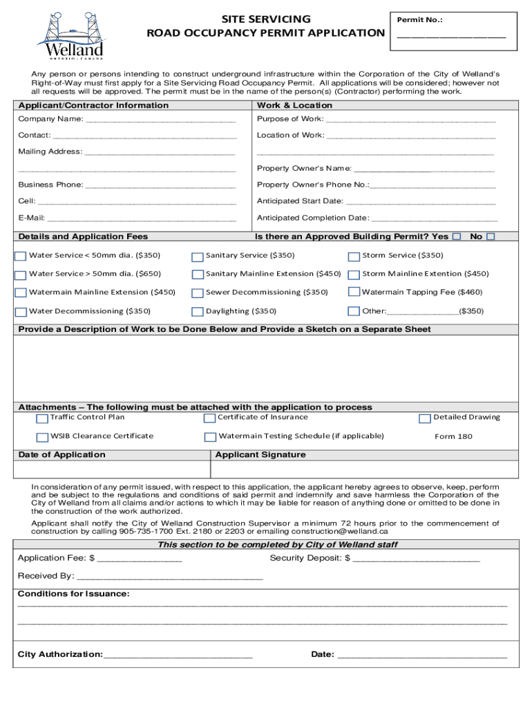 Fillable Online Site servicing road occupancy permit application Fax ...