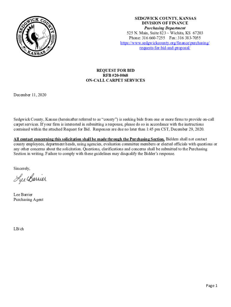 Fillable Online REQUEST FOR BID RFB #20-0068 ON-CALL CARPET ... Fax ...