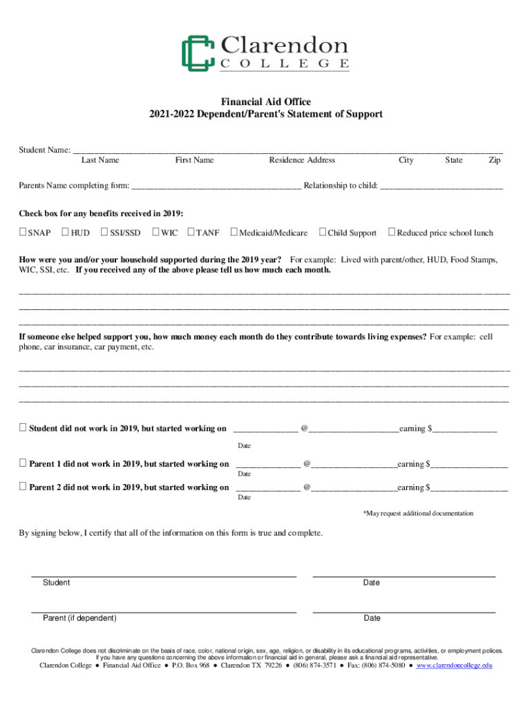 Fillable Online Financial Aid Office 2021-2022 Dependent/Parent's ...