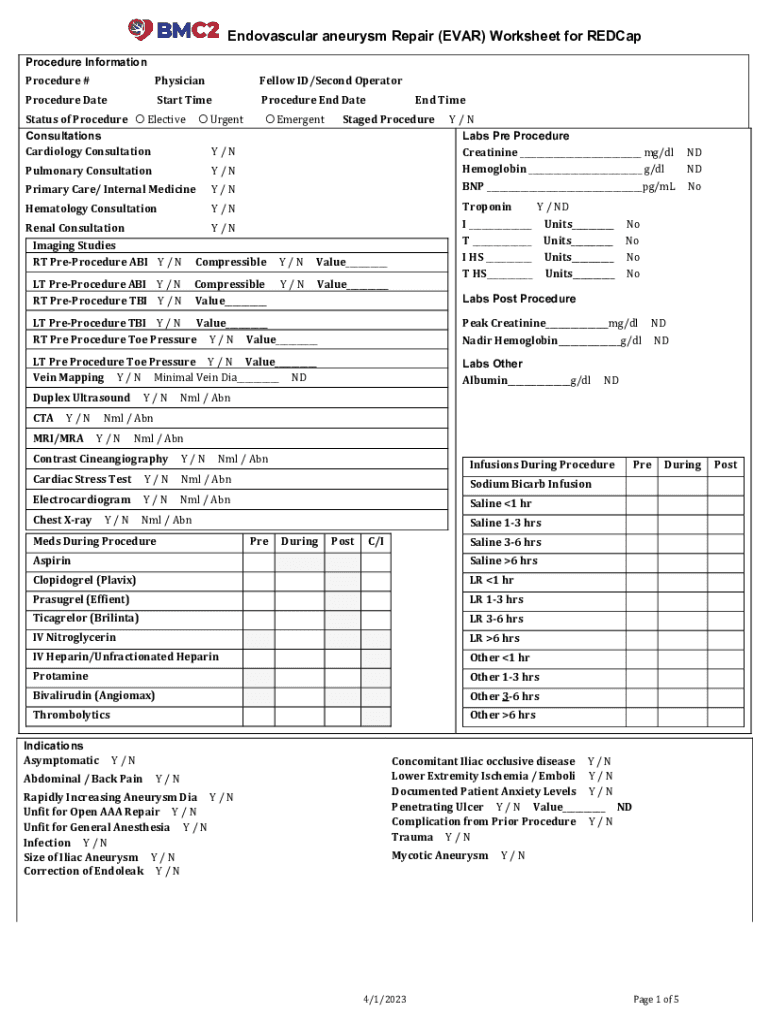 Fillable Online Endovascular aneurysm Repair (EVAR) Worksheet for ...